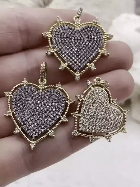 Spike Heart CZ Pave Charm, Cubic Zirconia charm, Brass Charm – Bling By A