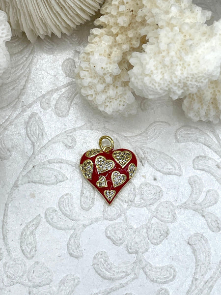 Red Enamel and Gold Heart Pendants with CZ, Gold Heart Charm, Red ...