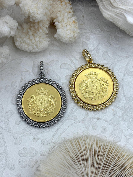 Gold Shield Coin, Shield Pendant with Textured Bezel, Gold or Rhodium ...
