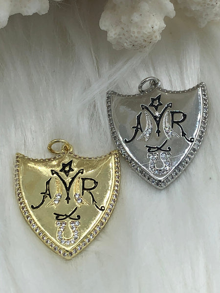 CZ Micro PAVE Shield Crest Charm Pendant BRASS, Fast Ship - Bling by A ...