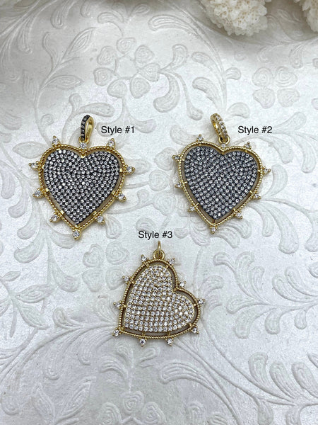 Spike Heart CZ Pave Charm, Cubic Zirconia charm, Brass Charm – Bling By A